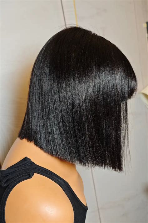 No Glue Top Lace Wigs 10 Inch Yaki Bob Human Hair Straight With Bangs