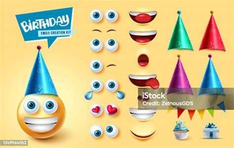 생일 이모티콘 키트 작성자 벡터 세트 이모티콘 3d 출생일 캐릭터와 편집 가능한 얼굴 부품 파티 모자 페넌트 기프트 등의 요소로