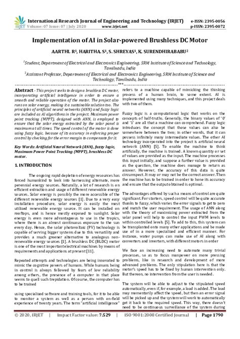 Pdf Irjet Implementation Of Ai In Solar Powered Brushless Dc Motor