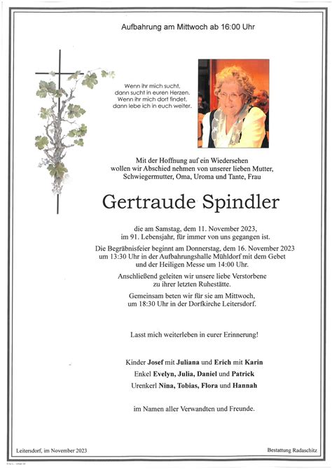 Gertraude Spindler Bestattung Radaschitz Bestattung Radaschitz
