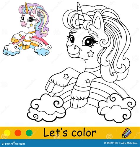Cartoon Unicorn Sitting On The Rainbow Coloring Vector Stock