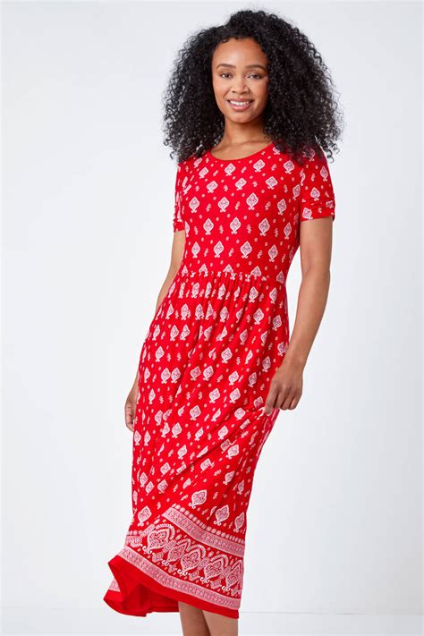 Red Petite Border Print Stretch Midi Dress Roman UK