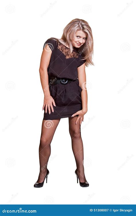 Portrait Of Beautiful Young Blonde Girl In Black Dress Stock Image