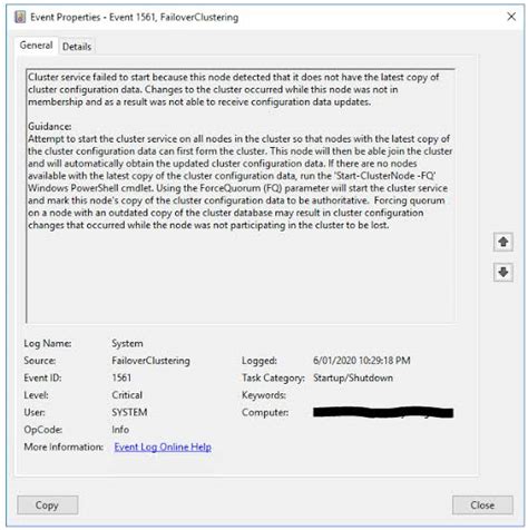 Cluster Service Failled To Start After Node Reboot Microsoft Qanda