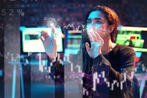 Woman Hacker Finance Or Hologram Chart In Night Office On Stock Market
