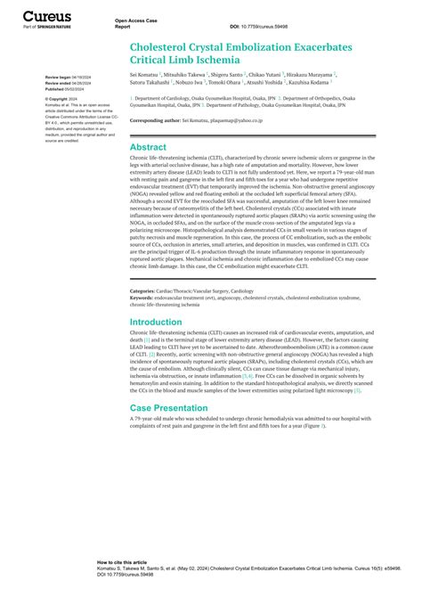 Pdf Cholesterol Crystal Embolization Exacerbates Critical Limb Ischemia
