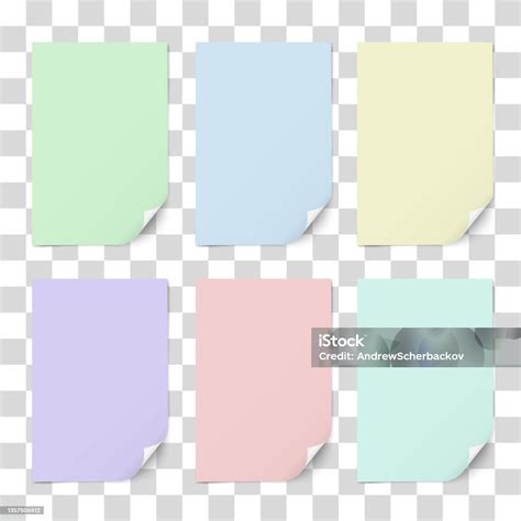 透明な背景に分離された影のある右下隅を曲げた異なる光色の紙のセットベクターの図 からっぽのベクターアート素材や画像を多数ご用意
