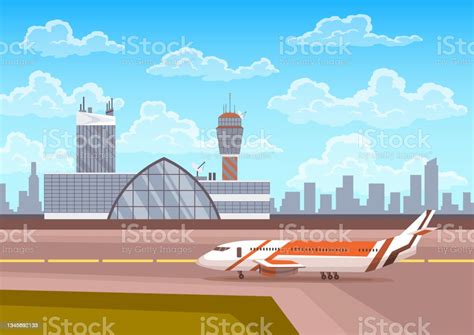 활주로에 비행기와 공항 터미널 건물 및 컨트롤 타워 배경에 도시 풍경 여행 및 관광 개념 여객 항공 운송 배경 주제에 대한 스톡