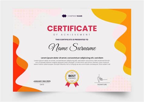 그라데이션 오렌지와 간단한 인증서 디자인 템플릿 프리미엄 Psd 파일