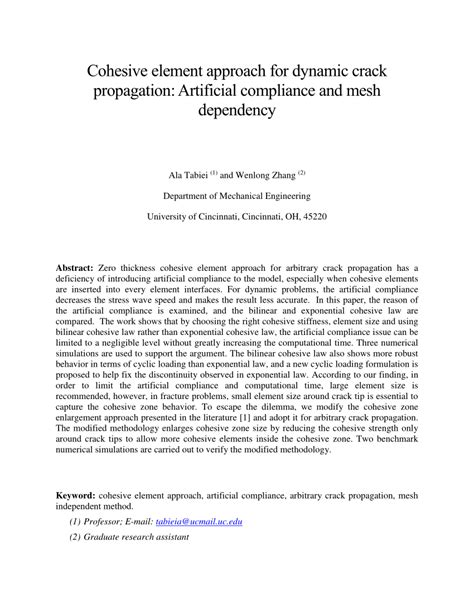 Pdf Cohesive Element Approach For Dynamic Crack Propagation Artificial Compliance And Mesh