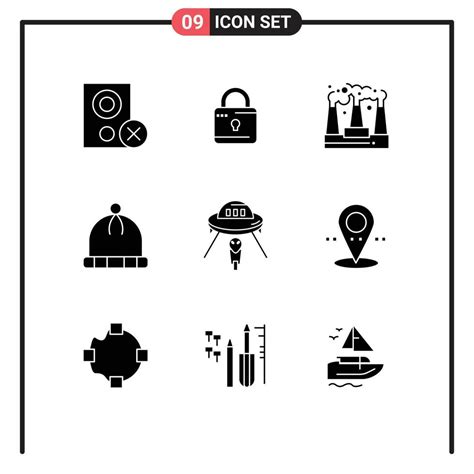 User Interface Pack Of 9 Basic Solid Glyphs Of Space Wear Security Knitted Smoke Editable Vector