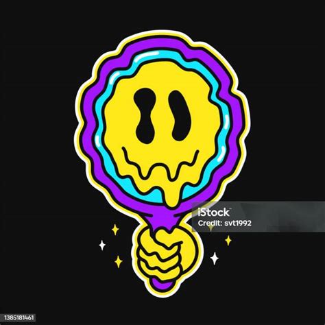 거울 로고에 재미 환각 녹는 미소 얼굴 벡터 만화 캐릭터 일러스트 로고 미소 노란색 그루비 얼굴 녹아 산 테크노 거울 티셔츠 포스터 카드 개념에 대한 트리피 프린트 Lsd에