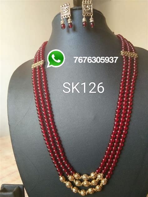 Red Glass Beads Three Layered Necklace Set Black Beaded Jewelry
