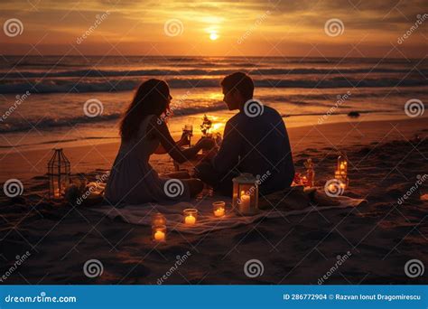 Romantic Couple Immersed In A Picturesque Sunset Picnic They Share