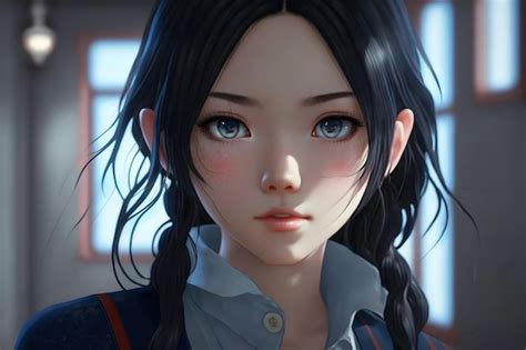 Premium Ai Image Anime Portrait Of A Girl Black Hair Neural Network Ai Generated
