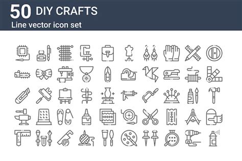 50 Diy 공예 아이콘의 집합입니다 스프레이 페인트 측정 테이프 모루 커터 전기 톱 잉크와 같은 얇은 선 아이콘의 윤곽선 코오킹 건에 대한 스톡 벡터 아트 및 기타 이미지