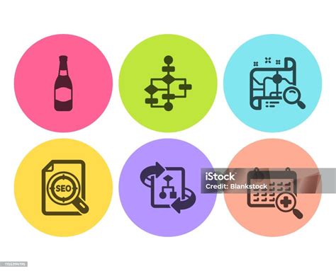 맥주 병 블록 다이어그램 및 검색 지도 아이콘을 설정 합니다 기술 알고리즘 Seo 파일 및 의료 달력 징후 벡터 고급에 대한