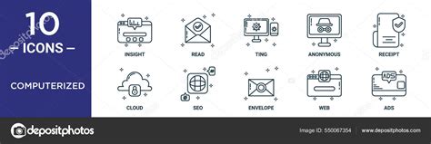 computerized outline icon set includes thin line insight ting receipt