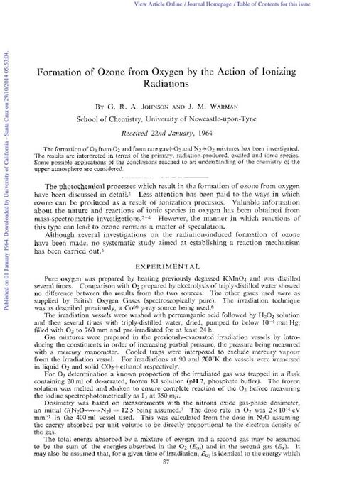 Pdf Formation Of Ozone From Oxygen By The Action Of Ionizing