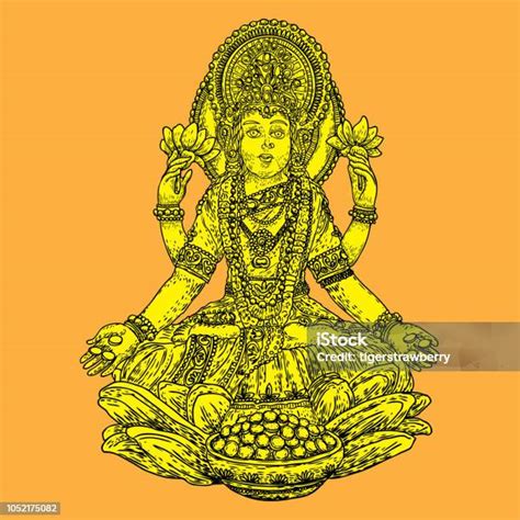 락 쉬 미와 부와 번영 비슈누의 아내와 디 왈 리 인도의 빛 축제의 상징의 힌두교와 Vaishnava 여신 이다 손으로 그린된 벡터입니다 Goddess Lakshmi에 대한