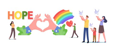 희망 사랑과 평화 개념 작은 남성과 여성 가족 캐릭터하자 이동 흰색 비둘기 비행 에 공기 무지개와 심장 아이에 대한 스톡 벡터