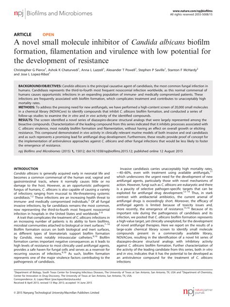 Pdf A Novel Small Molecule Inhibitor Of Candida Albicans Biofilm