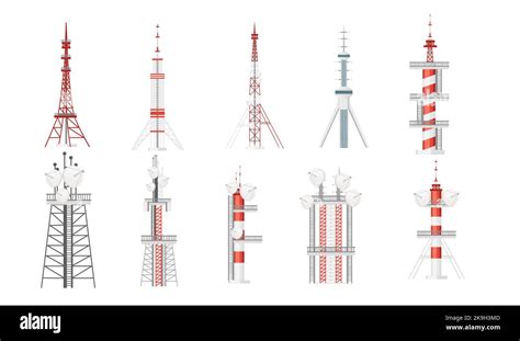 Set Of Modern Communication Tower Construction For Tv Radio Network Or Gsm Technology Vector
