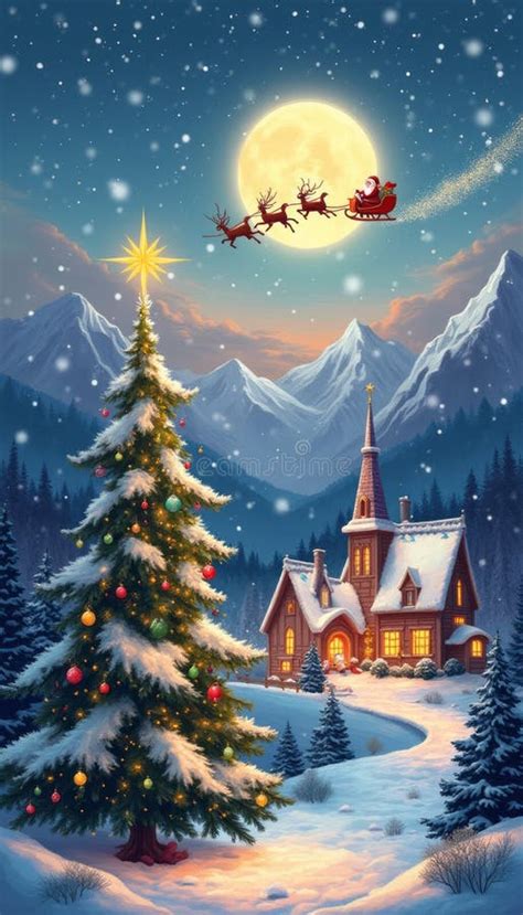 Magical Christmas Scene With Santa Flying Over A Snowy Village Stock