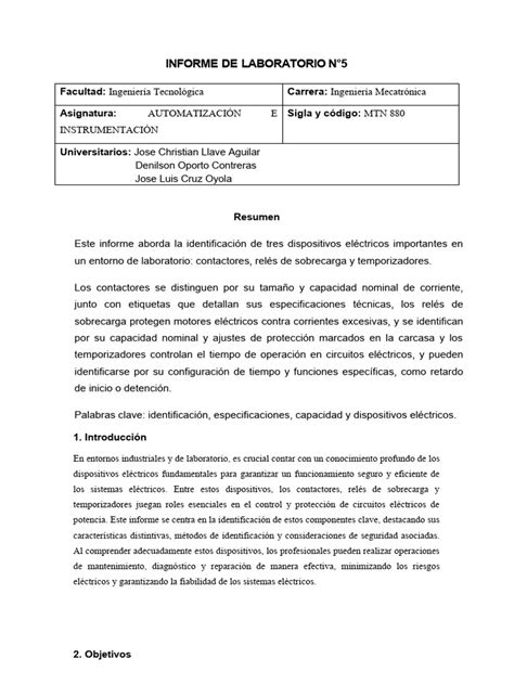 1 Formato Para Informe De Laboratorio Pdf Relé Laboratorios