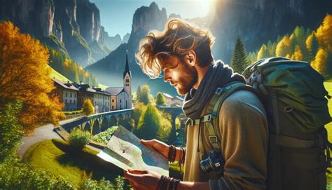 Premium Ai Image A Young Man Looking At A Map Or A Compass In A Picturesque Environment