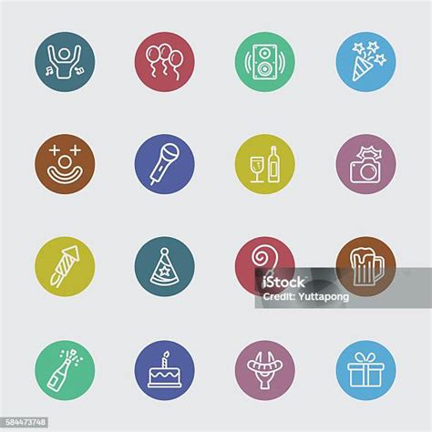 파티 및 생일 색상 원 라인 아이콘 공휴일에 대한 스톡 벡터 아트 및 기타 이미지 공휴일 마실 것 마이크 Istock