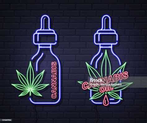 네온 대마초 오일 병과 벽돌 벽 배경에 잎 기호 투구 아이콘 디자인 0명에 대한 스톡 벡터 아트 및 기타 이미지 0명 건강