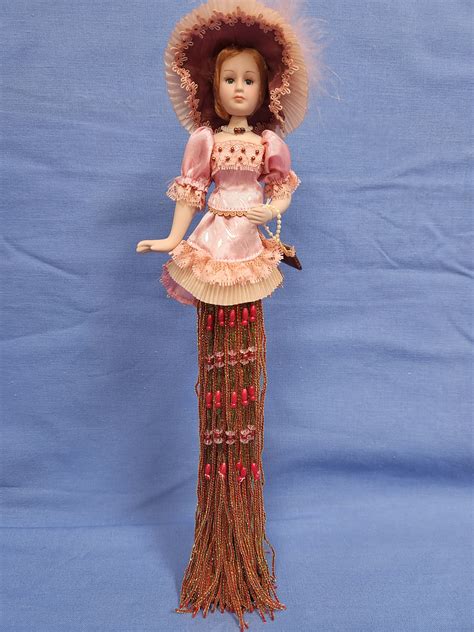 15 Porcelain Victorian Doll With Tassel Skirt On Pedestal Stand