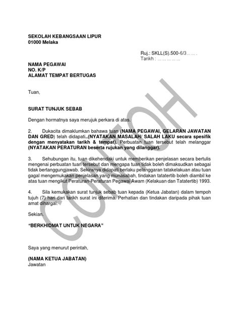 Contoh Surat Tunjuk Sebab Melanggar Peraturan