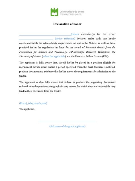 Template Declaration Of Honor En Pdf