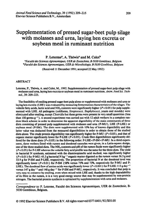 Pdf Supplementation Of Pressed Sugar Beet Pulp Silage With Molasses And Urea Laying Hen