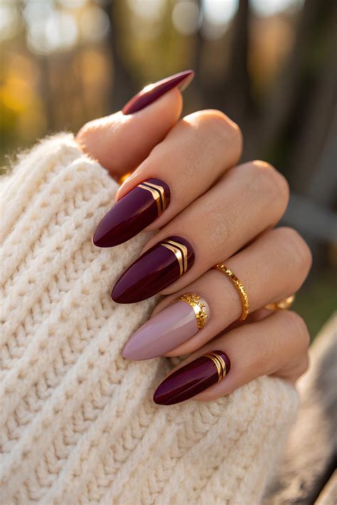 💅 Classy Burgundy And Gold Nails Elegant Almond Nail Design Nails