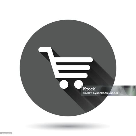 플랫 스타일의 쇼핑 카트 아이콘입니다 긴 그림자 효과와 검은 둥근 배경에 트롤리 벡터 그림자 바구니 원 버튼 비즈니스 컨셉