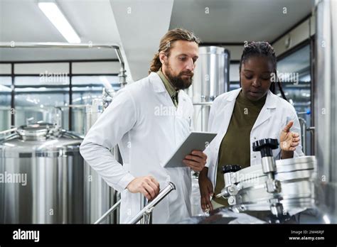 Brewery Technologists Controlling Process Of Beer Fermentation Stock