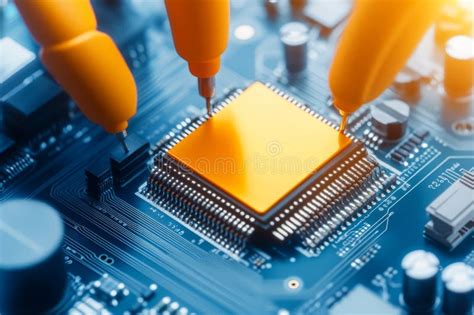Precision Instrumentation In Microelectronics With Hands Inserting Cpu On Circuit Board Stock