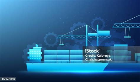 운송 및 물류 비즈니스 기술 선박으로 물품 운송 기술과 인공 지능을 사용하여 위치를 알려주고 운송 시스템을 관리하는 데 도움을 줍니다 0명에 대한 스톡 벡터 아트 및 기타