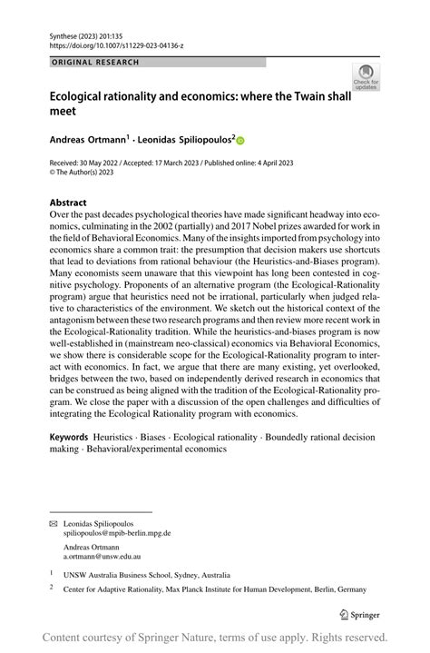 Pdf Ecological Rationality And Economics Where The Twain Shall Meet