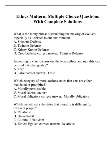 Ethics Midterm Multiple Choice Questions With Complete Solutions Ethics Stuvia Uk