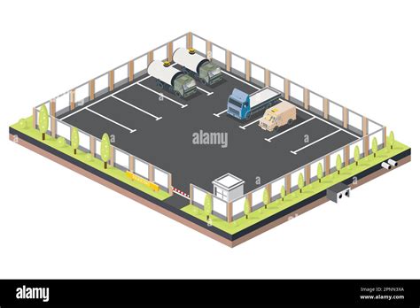 Isometric Parking For Trucks And Cars Checkpoint With Barrier Vector Illustration Stock Vector
