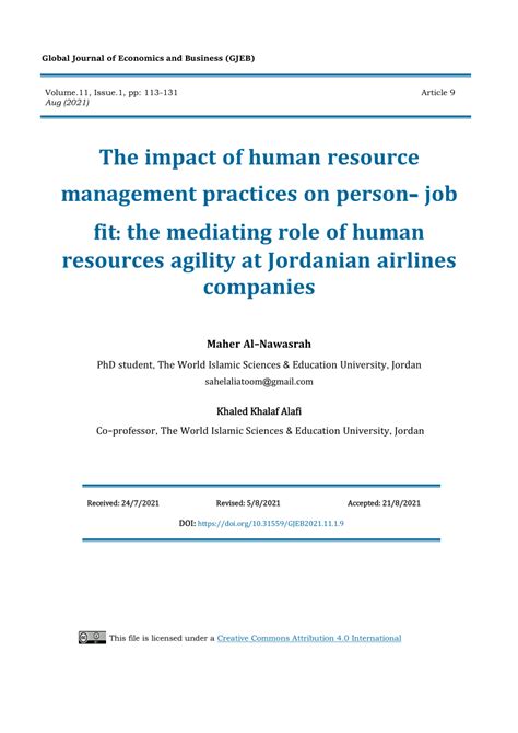 Pdf The Impact Of Human Resource Management Practices On Person Job Fit The Mediating Role