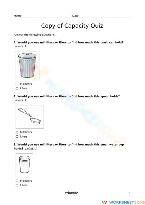 Capacity Quiz Worksheet