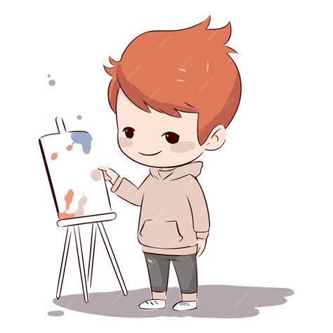 터 만화 일러스트레이션으로 치에 그림을 그리는 귀여운 작은 소년 프리미엄 벡터