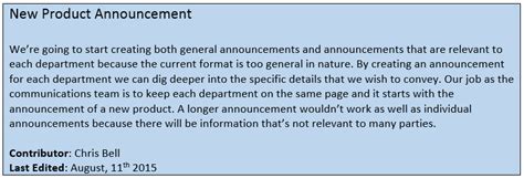 New Product Announcement Memo Communications Team Chris Bell