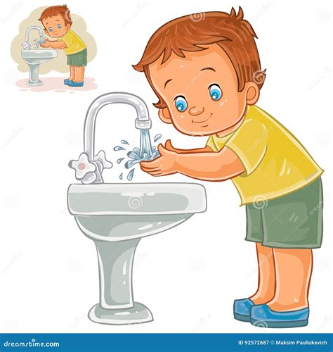 Le Petit Garçon De Vecteur Se Lave Les Mains Avec De L eau D un Robinet