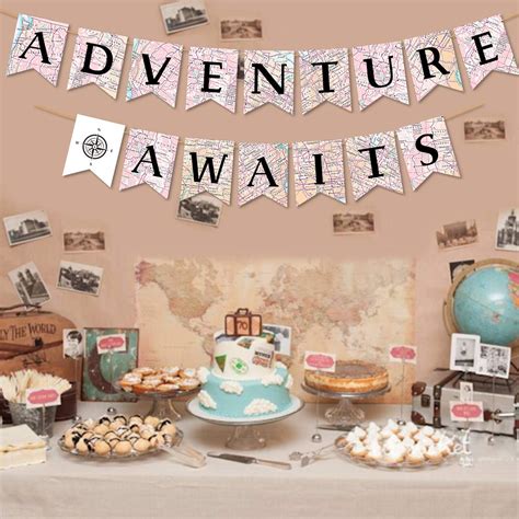 Adventure Awaits Bon Voyage Banner Travel Themed Party Decorations Retirement Graduation Map